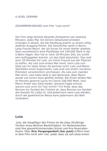 A LEVEL GERMAN: BANK OF ESSAY QUESTIONS ON "LOLA RENNT" | Teaching ...