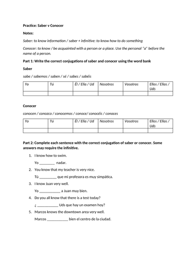 Saber v Conocer practice worksheet | Teaching Resources