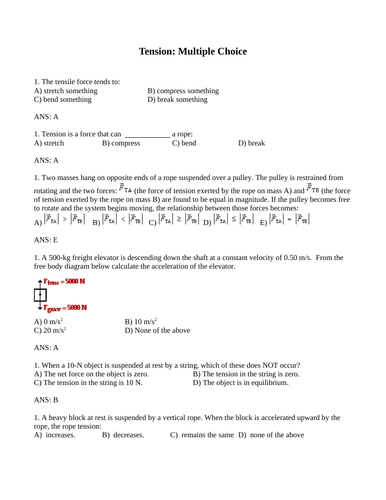 TENSILE FORCE AND TENSION Multiple Choice Grade 11 Physics WITH ANSWERS ...