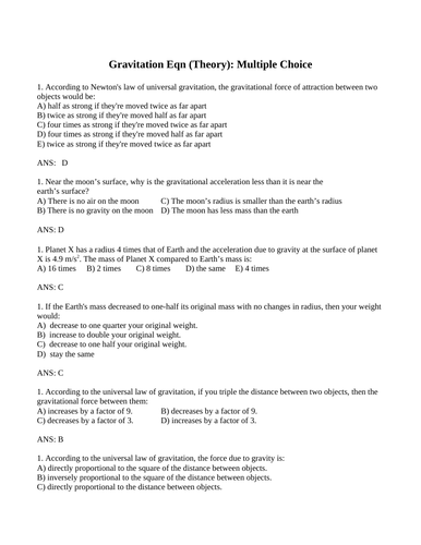 NEWTONS LAW OF GRAVITY Multiple Choice Grade 11 Physics WITH ANSWERS ...