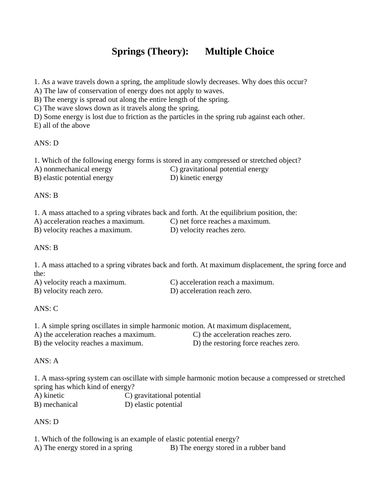 Spring Short Answer and SPRINGS MULTIPLE CHOICE Grade 11 Physics Springs (15PG) | Teaching Resources