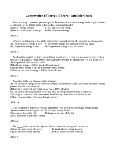 WORK & CONSERVATION OF ENERGY Multiple Choice Grade 11 Physics WITH ...