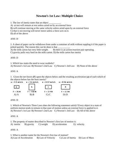 NEWTON'S LAWS MULTIPLE CHOICE Grade 11 Physics Inertia Fnet=ma WITH ...