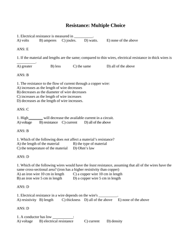 RESISTIVITY RESISTANCE Multiple Choice Grade 11 Physics Electricity ...