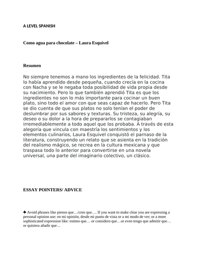 Extensive Revision Notes Spanish A LEVEL COMO AGUA PARA CHOCOLATE ...