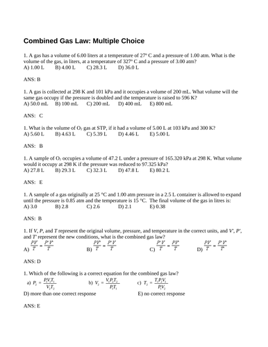 Combined Gas Law & DALTON'S LAWS MULTIPLE CHOICE Grade 11 Chemistry ...
