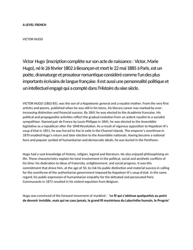 A LEVEL FRENCH INDIVIDUAL RESEARCH PROJECT - facts on Victor Hugo ...
