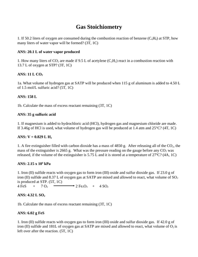 Chemistry Gas Stoichiometry Worksheet Answers