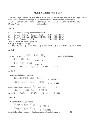 HESS'S LAW and ENERGY DIAGRAMS Multiple Choice Grade 12 Chemistry WITH ...