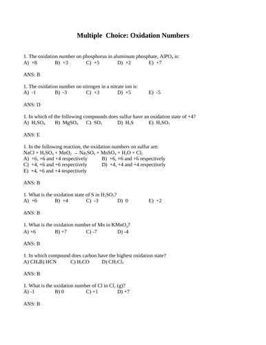 DETERMINING OXIDATION NUMBERS Multiple Choice Grade 12 Chemistry SCH4U ...