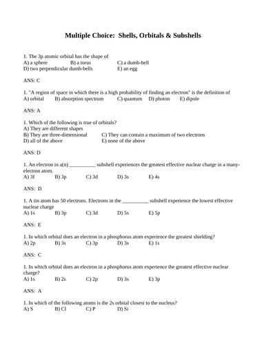 Shells And Electron Orbitals Multiple Choice Grade 12 Chemistry W Answers 16pg Teaching