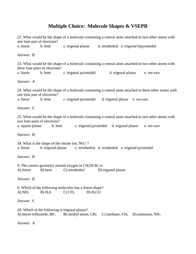 VSEPR and MOLECULE SHAPES Multiple Choice Grade 12 Chemistry WITH ...