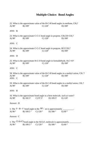 MULTIPLE CHOICE BOND ANGLES Multiple Choice Grade 12 Chemistry WITH ...