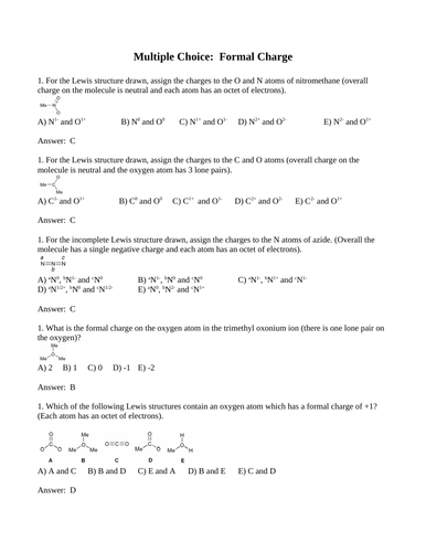 MULTIPLE CHOICE FORMAL CHARGE Multiple Choice Grade 12 Chemistry WITH ...