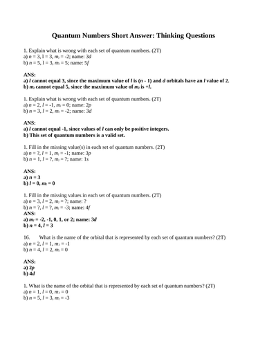QUANTUM NUMBERS Short Answer Grade 12 Chemistry Principle Secondary ...