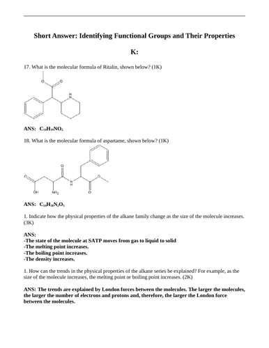 ORGANIC FUNCTIONAL GROUPS Properties Short Answer Grade 12 Chemistry ...