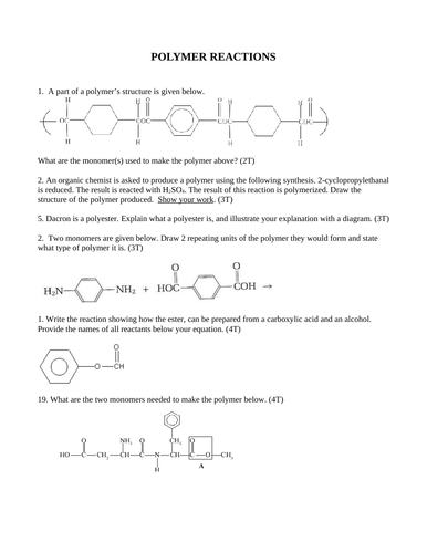 POLYMER REACTIONS Addition & Condensation Polymers Short Answer Grade ...