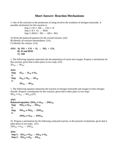CHEMISTRY REACTION MECHANISMS Short Answer Grade 12 Chemistry (5 PAGES ...