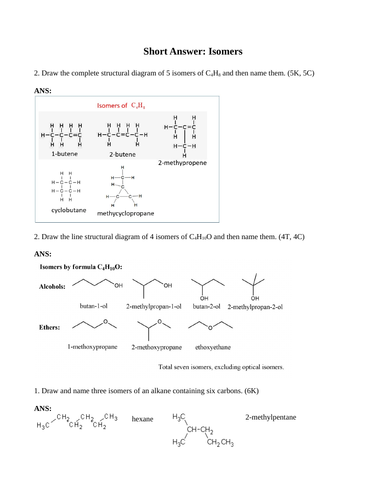 STRUCTURAL and CONSTITUTIONAL ISOMERS & STEREOISOMERS Short Answer ...