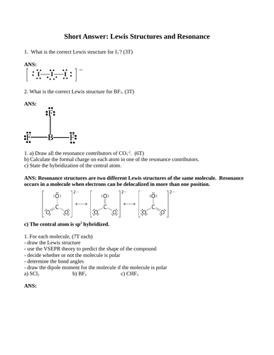 DRAWING LEWIS STRUCTURES Short Answer Grade 12 Chemistry Resonance WITH ...