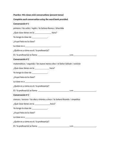 Mis clases mini conversations (present tense) | Teaching Resources