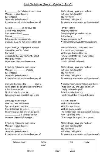 French Christmas lesson song gap fill (Last Christmas in French ...
