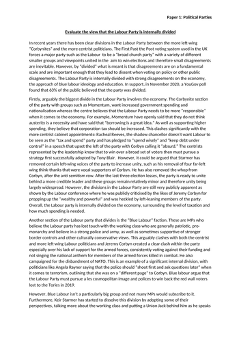 A* A-level Politics Essay - Labour party divisions | Teaching Resources
