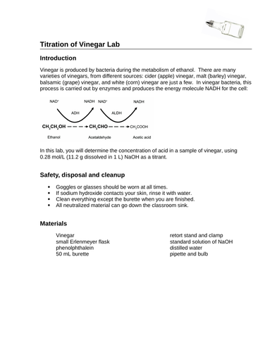 CHEMISTRY LAB Titration of Vinegar Lab with detailed instructions and ...
