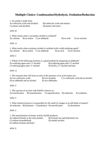 ORGANIC REACTIONS Multiple Choice Grade 12 Chemistry WITH ANSWERS (14 ...