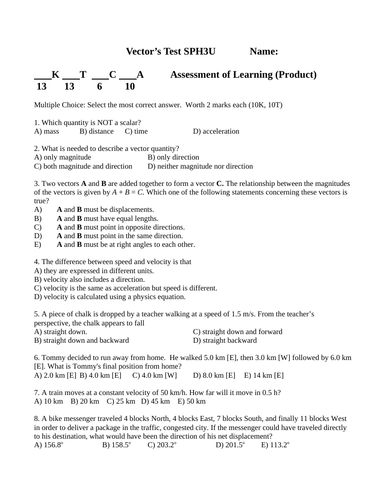 TEST VECTORS Test Grade 11 Physics Vectors PHYSICS TEST WITH ANSWERS #8 ...