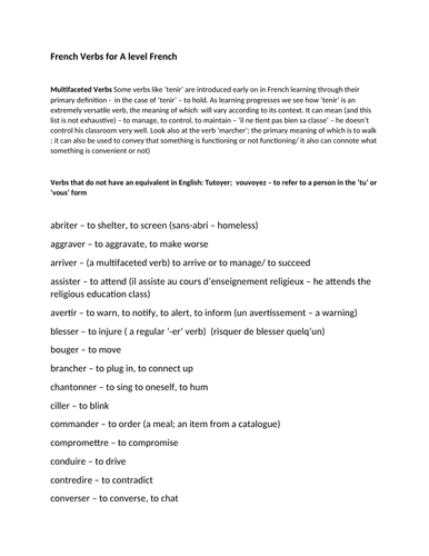 A LEVEL FRENCH AMBITIOUS VERBS INCLUDING MULTIFACETED VERBS | Teaching ...