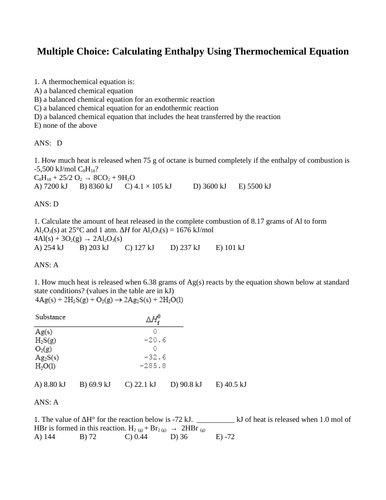 CALCULATING ENTHALPY Multiple Choice Grade 12 Chemistry WITH ANSWERS ...