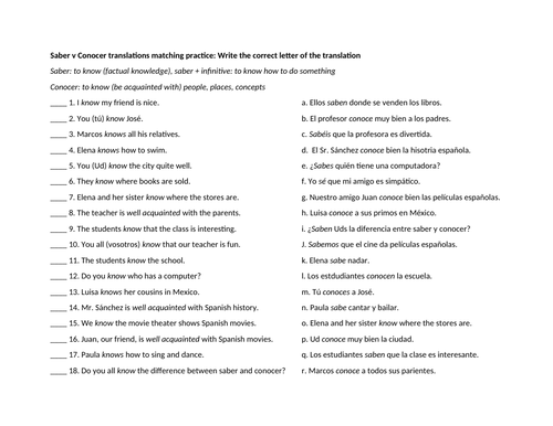 Saber v Conocer translations matching practice | Teaching Resources
