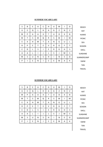 Summer Vocabulary Word Search | Teaching Resources