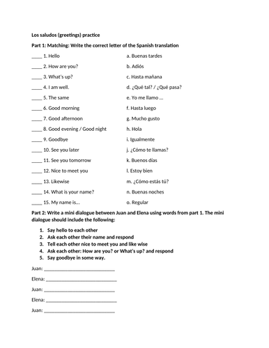 Los saludos (greetings) matching practice and conversation | Teaching ...