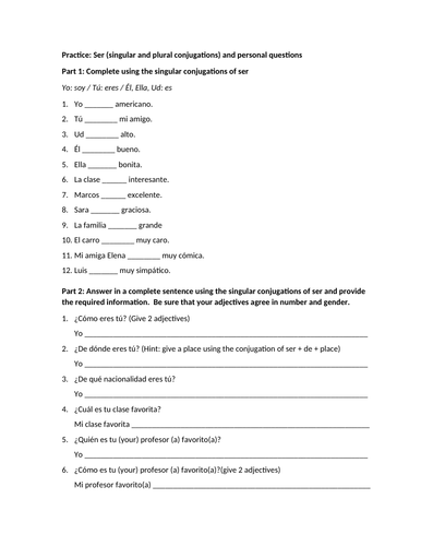 Practice: Ser conjguations and personal questions | Teaching Resources