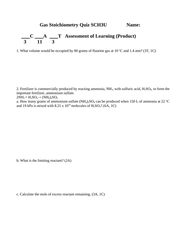 QUIZ GAS STOICHIOMETRY Quiz Ideal Gas Law Quiz Grade 11 Chemistry WITH ...