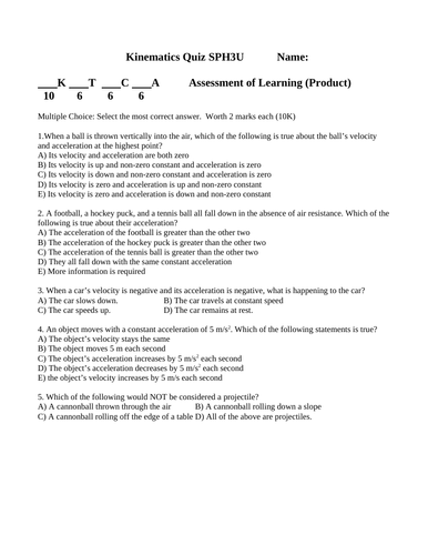 QUIZ KINEMATICS Quiz Projectile Motion Quiz Grade 11 Physics WITH ...