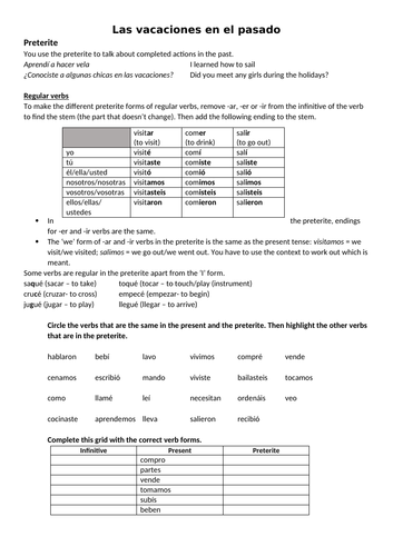 Las vacaciones en el pasado | Teaching Resources