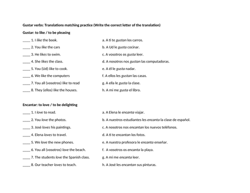 Gustar verbs translation matching practice | Teaching Resources