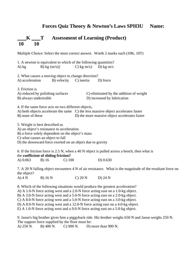 FORCES QUIZ Net Force and Newtons Law Quiz Grade 11 Physics Quiz WITH ...