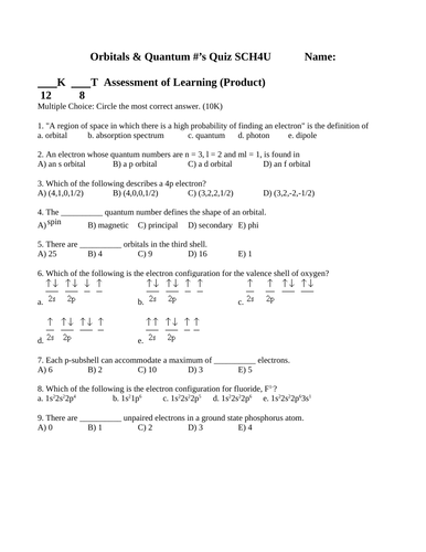 QUIZ QUANTUM NUMBERS Quiz Orbitals Quiz Grade 12 Chemistry Quiz WITH ...