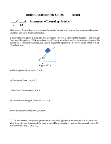 FORCES QUIZ Incline Planes Quiz Dynamics Grade 11 Physics Quiz WITH ...