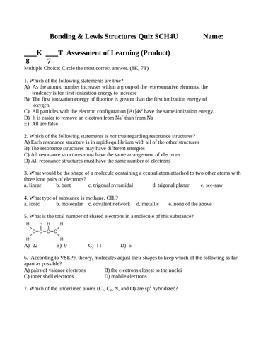 LEWIS STRUCTURES QUIZ Bonding Quiz Grade 12 Chemistry Quiz WITH ANSWERS ...