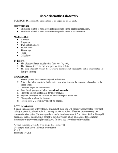 Grade 11 Physics Lab DETERMINING ACCELERATION of a Mass on Air Track ...
