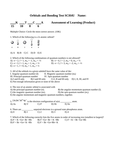 BONDING UNIT TEST Orbitals Unit Test Grade 12 Chemistry TEST WITH ...