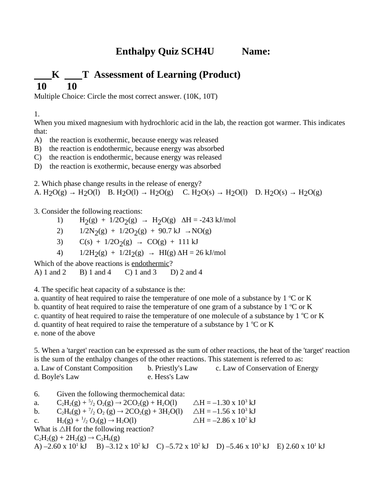 ENTHALPY CHEMISTRY QUIZ Enthalpy Quiz Grade 12 Chemistry Quiz WITH ...