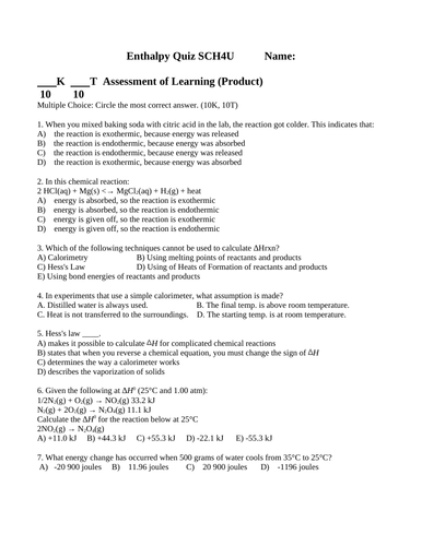 CHEMISTRY QUIZ ENTHALPY Quiz Grade 12 Chemistry Quiz WITH ANSWERS #8 ...