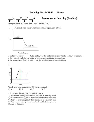 TEST ENTHALPY Test Calorimetry and Heats of Formations Chemistry TEST ...