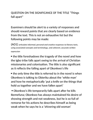 iGCSE ENGLISH LITERATURE - the significance of the title "Things fall ...